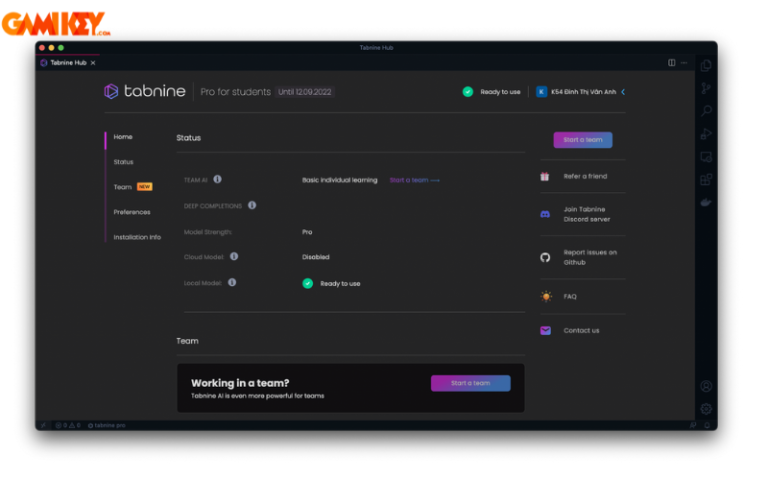 Nâng cấp tài khoản Tabnine 1 tháng - Công cụ AI viết Code - Gamikey